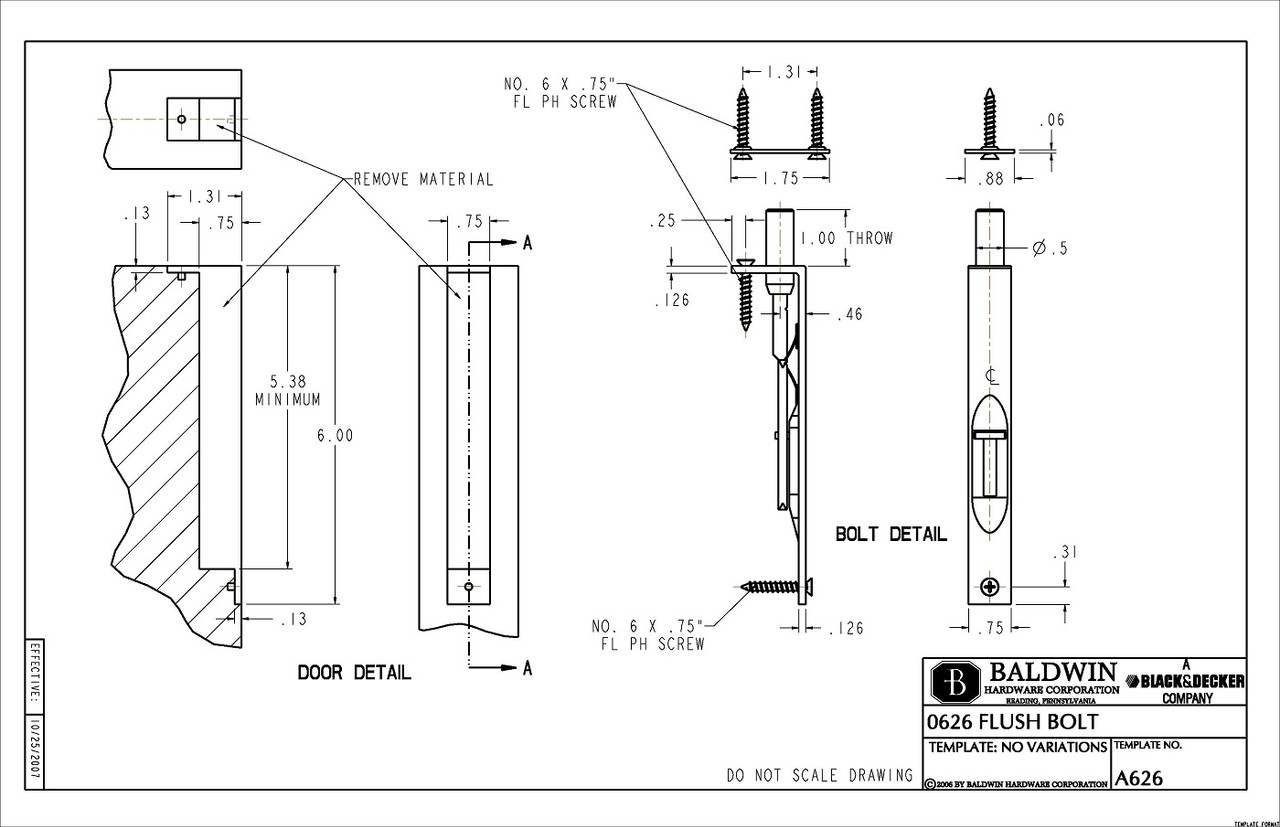 Baldwin 0626.190 Satin Black 6” Flush Bolt