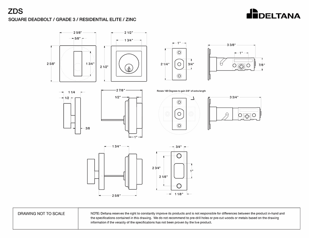 Deltana ZDSU10B Solid Brass Modern Square Deadbolt Lock Grade 3; Oil ...
