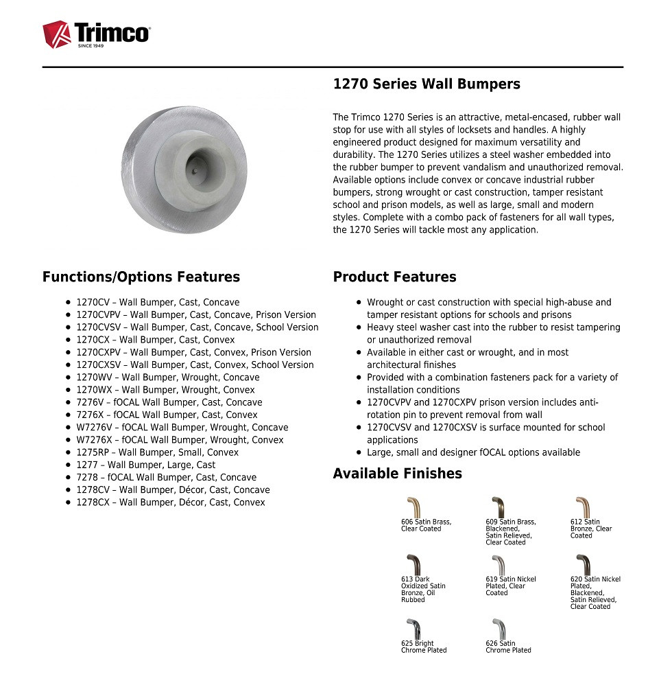 Trimco 1270CX-626 Satin Chrome Cast Wall Stop Convex - LocksetsOnly