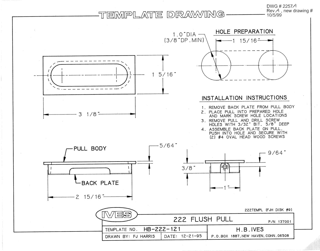 Ives Commercial 222B15 Solid Brass Rectangular Flush Pull Satin Nickel ...