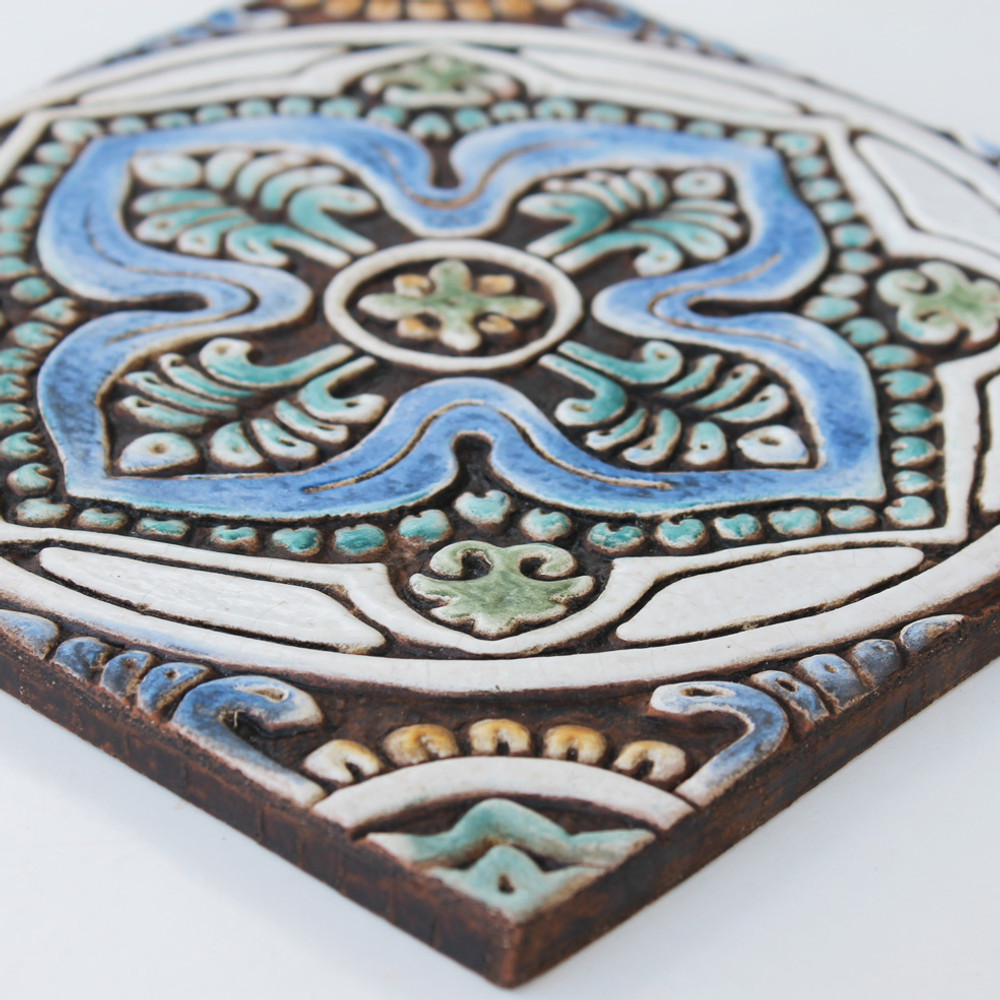 Square Mandala Ceramic Wall Art Tile 5 20cm In Matt Blue By G Vega