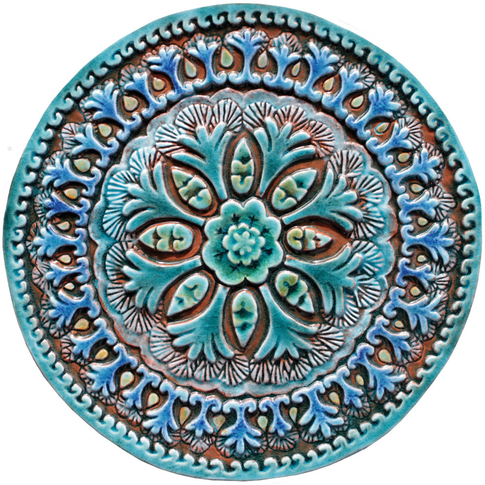 Circle ceramic wall art - Floral 2 turquoise tile by GVEGA