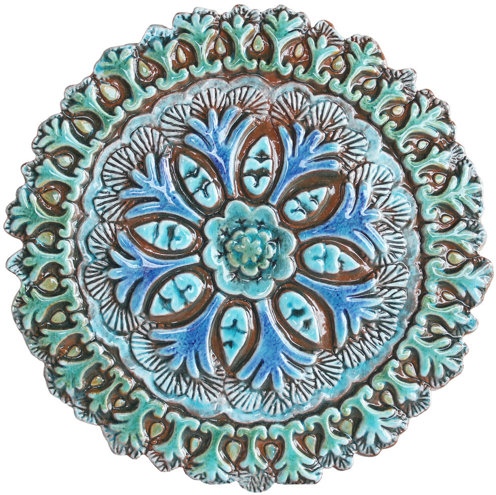 Ceramic wall art floral 4 beige & white circle tile - GVEGA