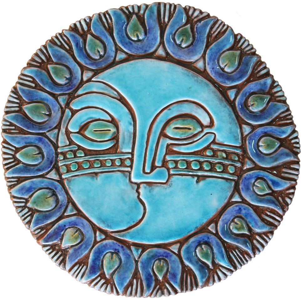 Sun & Moon ceramic wall art 3, large turquoise tile by GVEGA