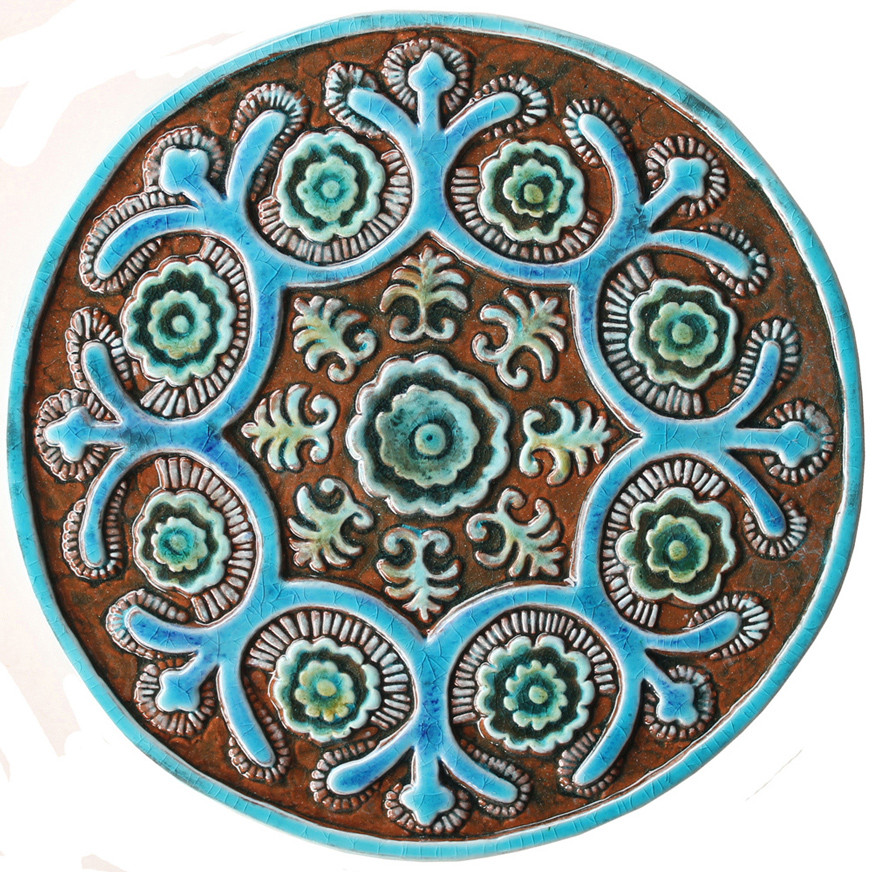 Circle ceramic wall art - Floral 2 turquoise tile by GVEGA