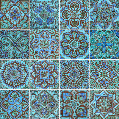 Set of 12 large turquoise tiles - Handmade tiles by GVEGA