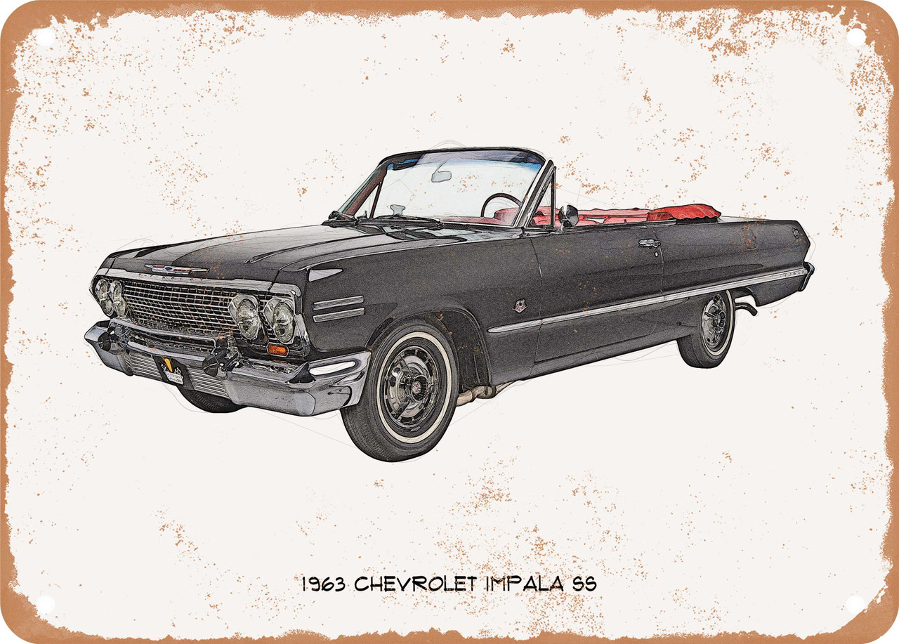 1963 Chevrolet Impala SS Pencil Sketch - Rusty Look Metal Sign