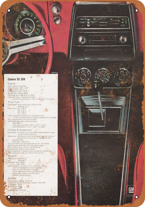 1967 Camaro SS 350 Dash and Specs Metal Sign