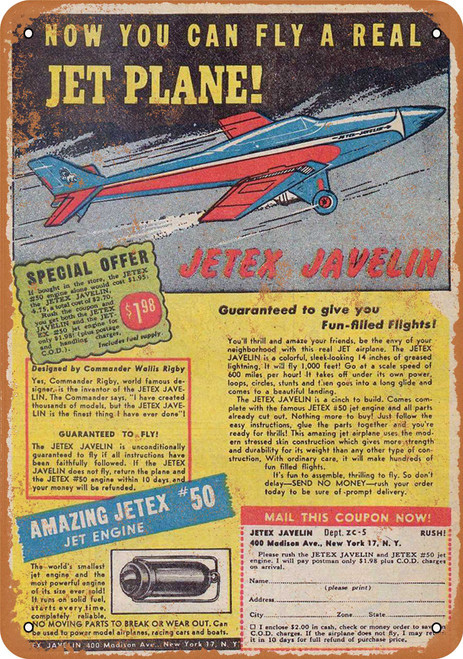1952 Fly a Real Jet Plane Comic Ad Metal Sign