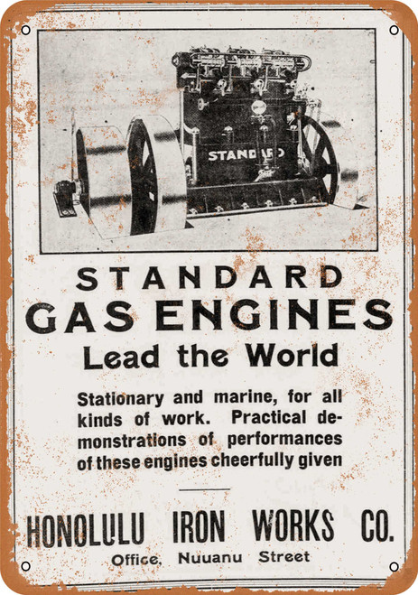 1909 Honolulu Iron Works Gas Engines Metal Sign