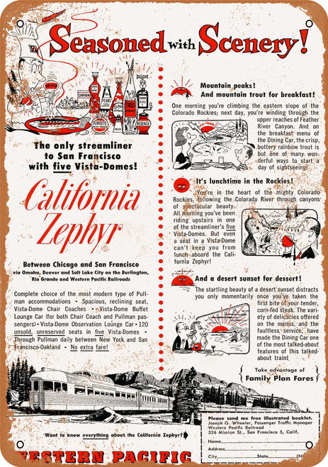 1954 Western Pacific California Zephyr Metal Sign