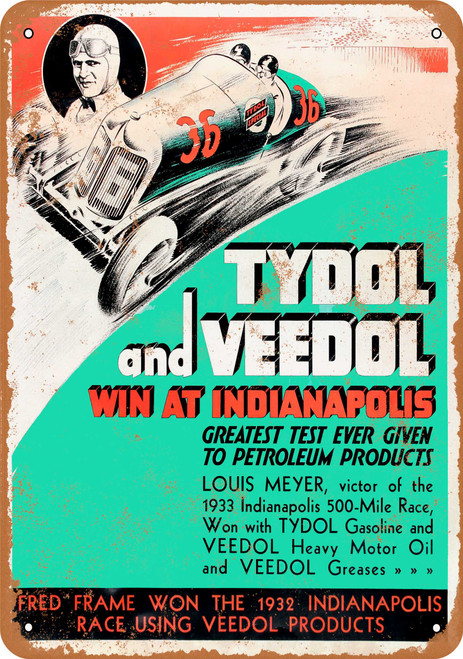 1934 Tydol Gas and Veedol Oil at Indianapolis 500 Metal Sign