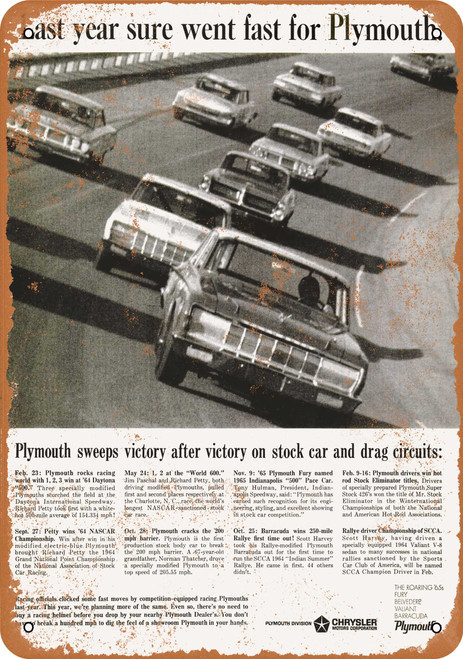 1965 Plymouth Stock Car Racing Metal Sign