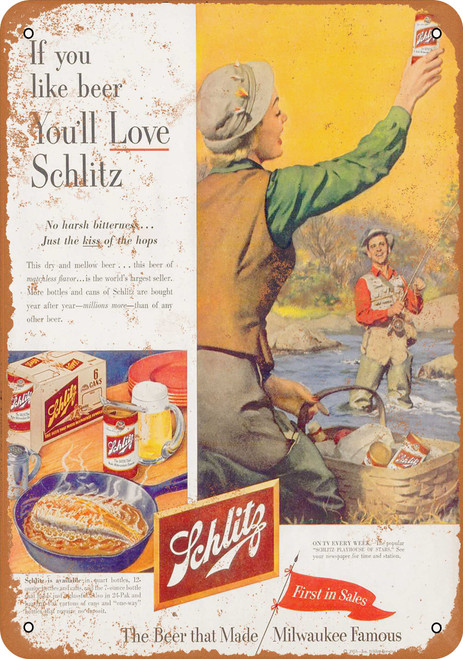 1953 Schlitz Beer and Fishing Metal Sign
