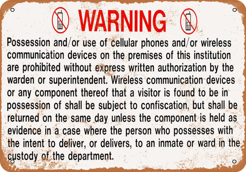 No Cell Phones in Prison Warning Metal Sign