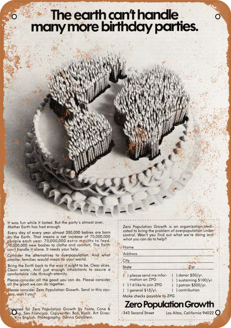 1974 Zero Population Growth Metal Sign