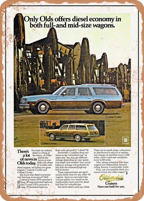 1979 Oldsmobile Custom Cutlass Cruiser Diesel Wagons Vintage Ad Metal Sign