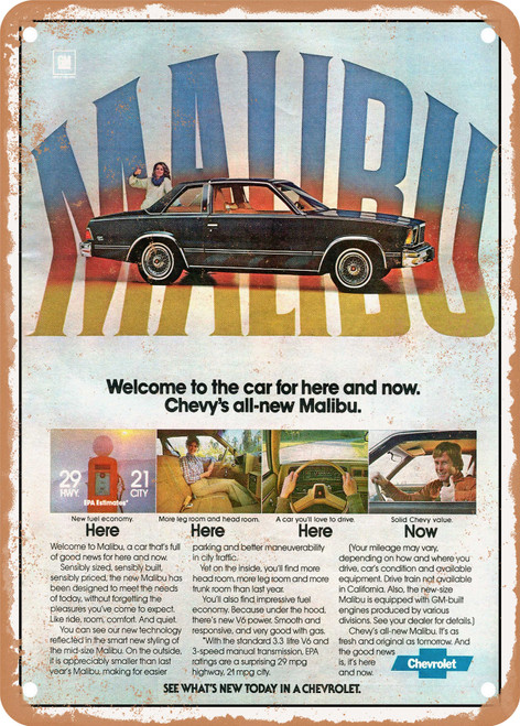 1978 Chevy Malibu Welcome to the car for here and now Vintage Ad Metal Sign