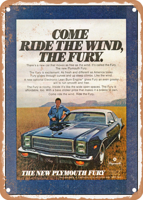 1977 Plymouth Fury Come Ride the Wind the Fury Vintage Ad Metal Sign