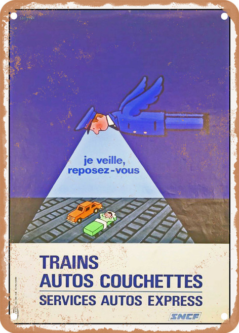 1974 Trains with sleeper cars for cars SNCF Vintage Ad Metal Sign