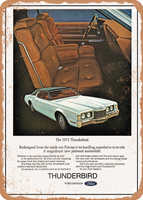 1972 Ford Thunderbird Vintage Ad Metal Sign