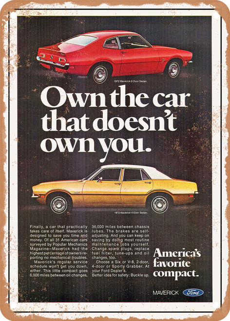 1972 Ford Maverick Sedans Vintage Ad Metal Sign