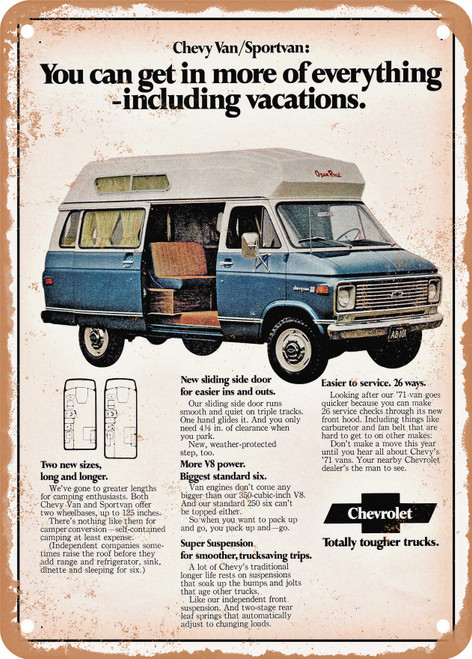 1971 Chevy Chevy Van with Open Road Camper Vintage Ad Metal Sign