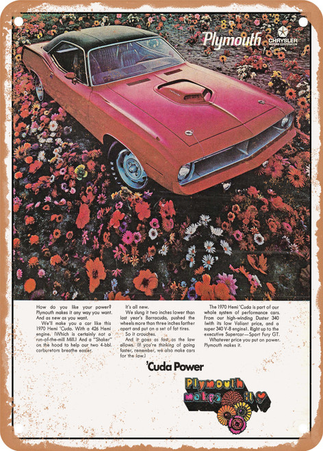 1970 Plymouth Hemi Cuda Cuda Power Vintage Ad Metal Sign
