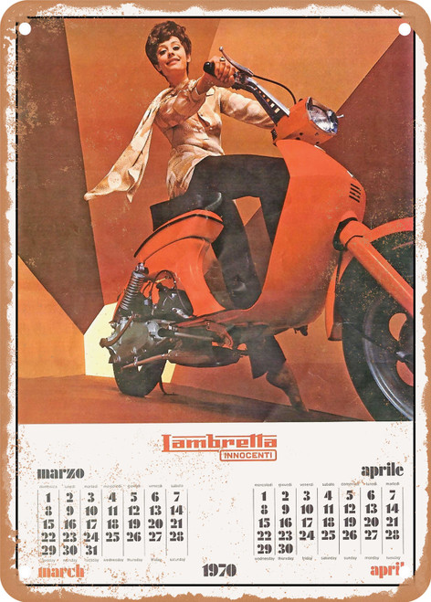 1970 Lambretta Calendar March April Vintage Ad Metal Sign