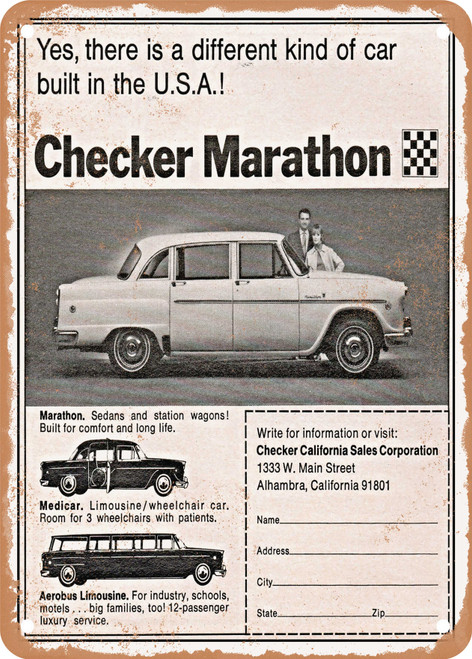 1970 Checker Marathon Vintage Ad Metal Sign