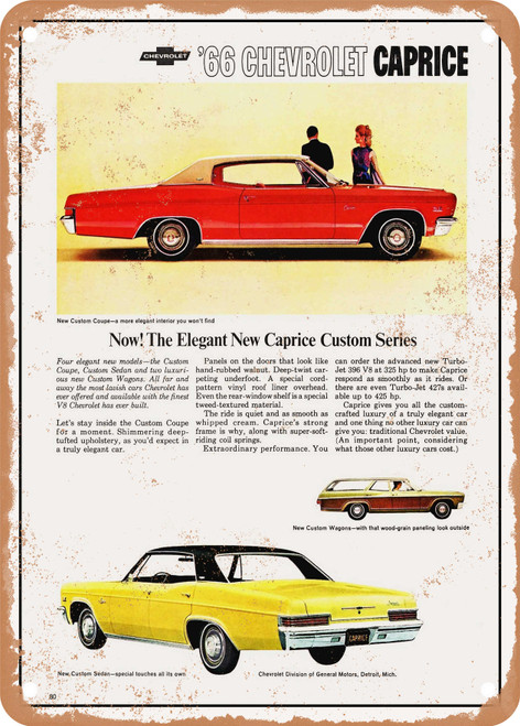 1966 Chevy Caprice Custom Models Vintage Ad Metal Sign