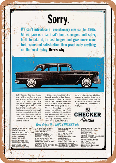 1965 Checker Marathon Vintage Ad Metal Sign