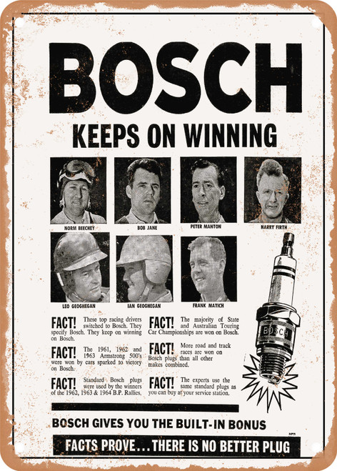 1964 Bosch Keeps on Winning Bosch Spark Plug Vintage Ad Metal Sign