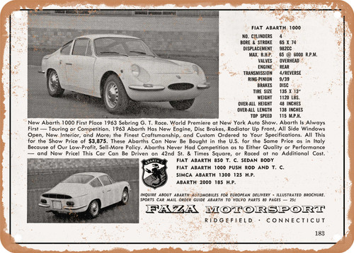 1963 Fiat Abarth 1000 Vintage Ad - 14x10 Metal Sign - Retro Rusty Look