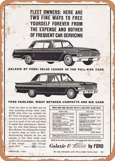 1962 Ford Galaxie Fairlane Fleet Cars Vintage Ad Metal Sign