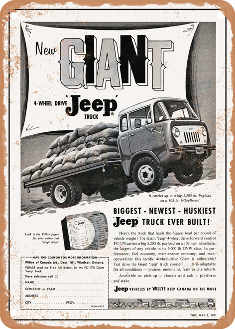 1961 Willys Jeep Fc 170 Truck 2 Vintage Ad Metal Sign