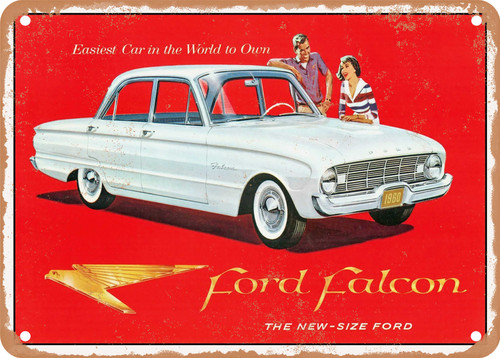 1960 Ford Falcon Vintage Ad - 14x10 Metal Sign - Retro Rusty Look
