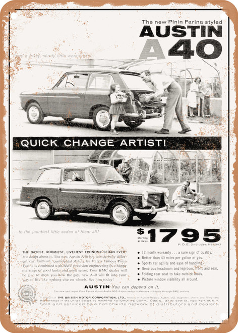 1959 Austin A40 Quick Change Artist Vintage Ad Metal Sign