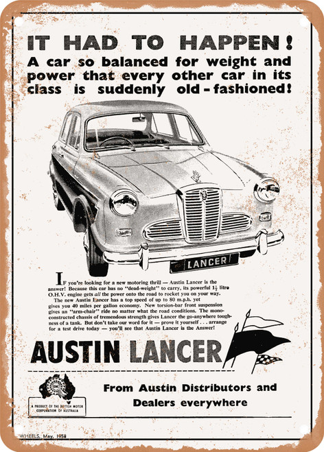 1958 Austin Lancer It Had to Happen Vintage Ad Metal Sign