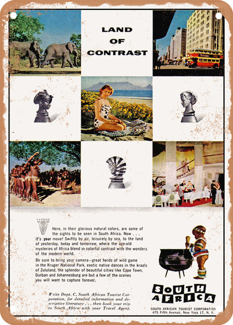 1955 Land of Contrast South Africa Vintage Ad Metal Sign
