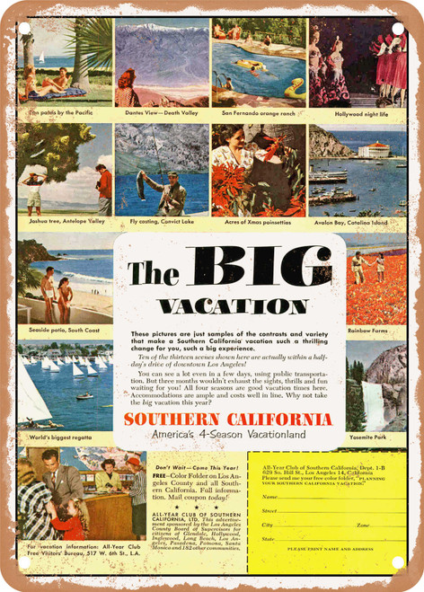 1953 The Big Vacation Southern California Vintage Ad Metal Sign