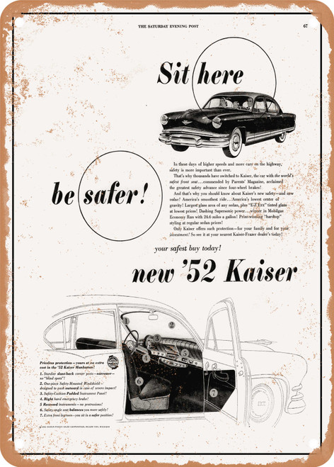 1952 Kaiser Manhattan Safety Features Vintage Ad Metal Sign
