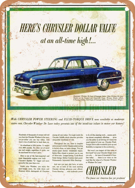1952 Chrysler Windsor De Luxe 6 Passenger Sedan Vintage Ad Metal Sign