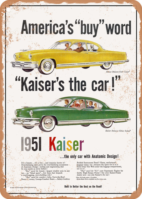 1951 Kaiser Deluxe Club Coupe and 4 Door Sedan Vintage Ad Metal Sign
