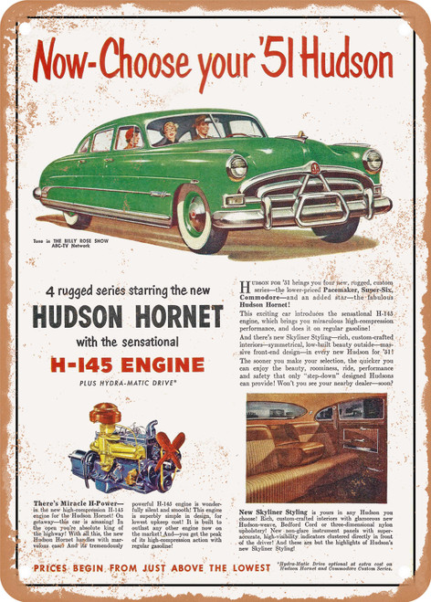 1951 Hudson Hornet Vintage Ad Metal Sign