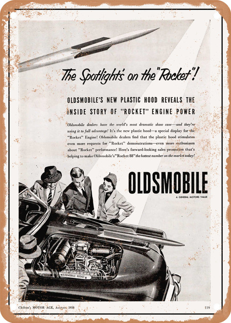 1950 Oldsmobile Rocket Engine Plastic See Thru Hood Vintage Ad Metal Sign