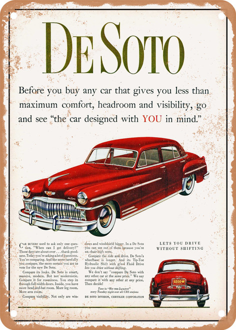 1949 DeSoto Custom Four Door Sedan Vintage Ad Metal Sign