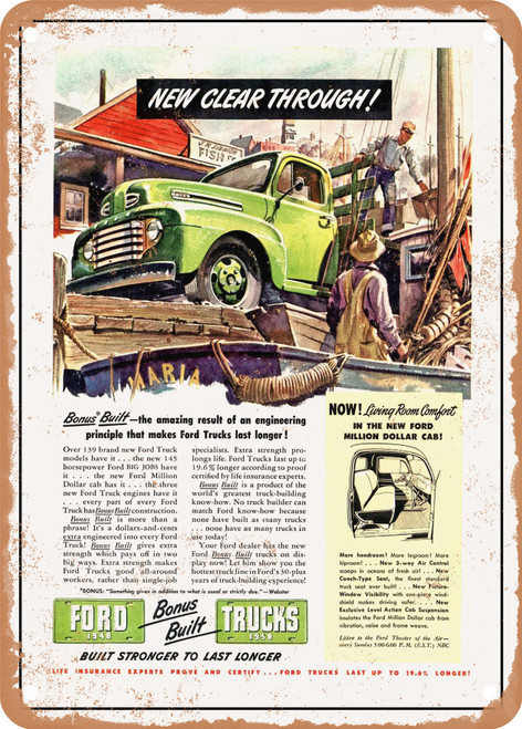 1948 Ford Bonus Built Trucks New Clear Through Vintage Ad Metal Sign