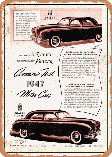 1947 Kaiser and Frazer 2 Vintage Ad Metal Sign