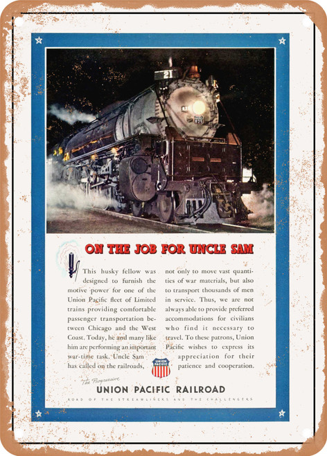 1943 on the Job for Uncle Sam UP Railroad Vintage Ad Metal Sign